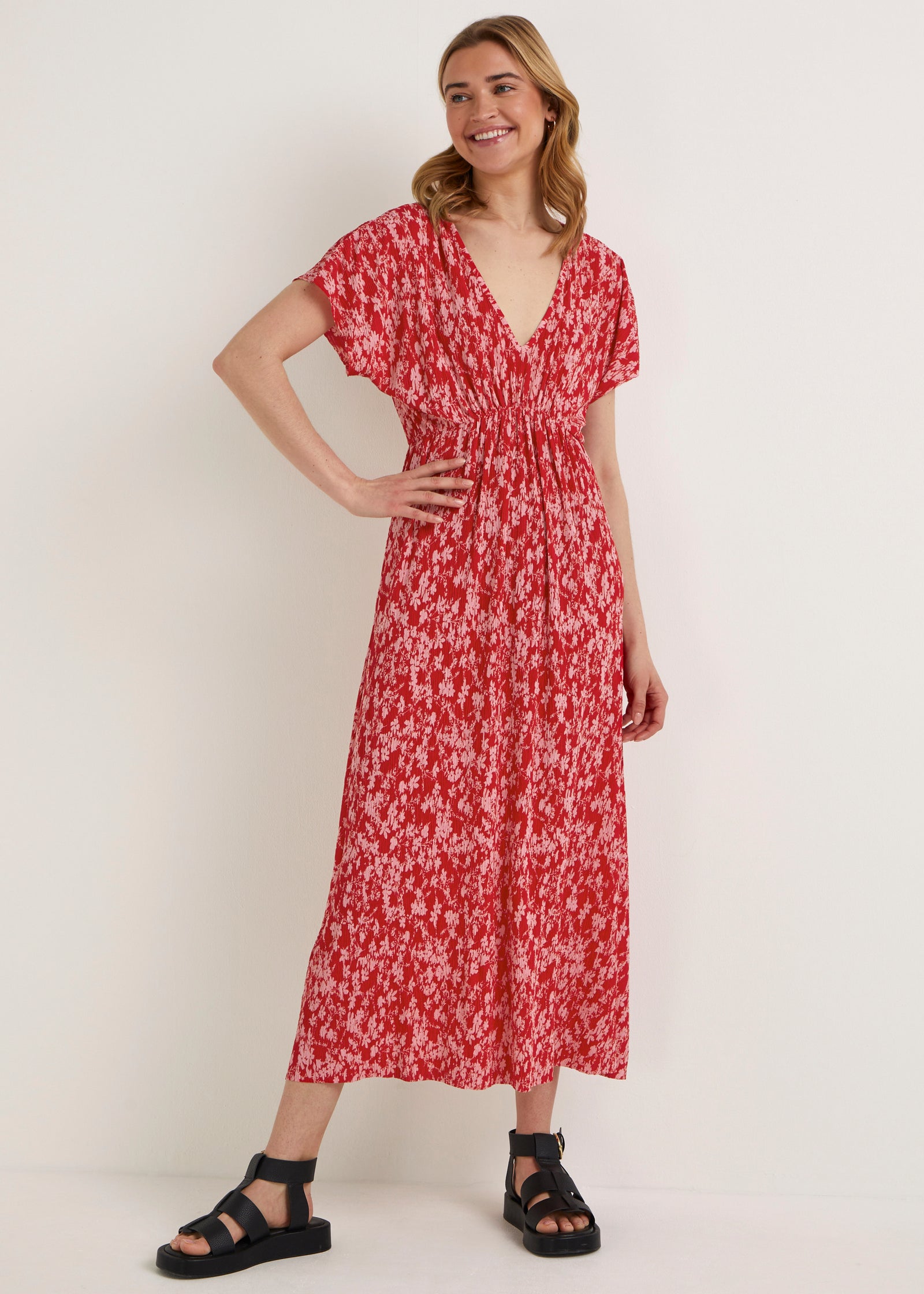 Buy Pink Floral Plisse Jersey Midi Dress Online in Jordan from Matalan