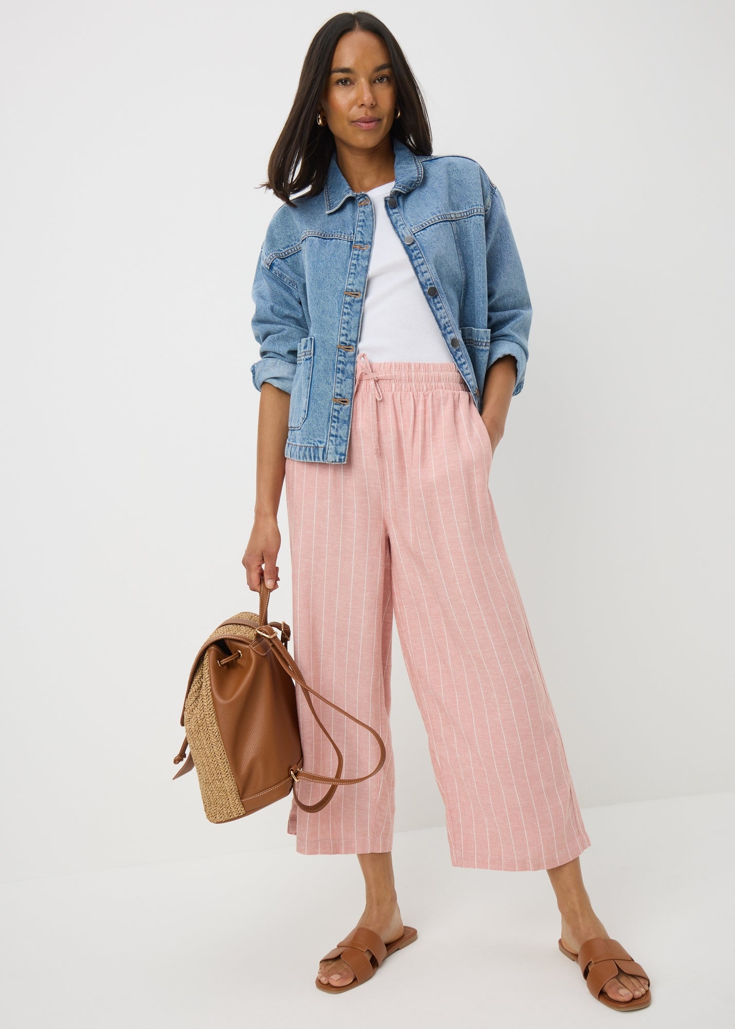 Buy Pale Linen Blend Stripe Wide Leg Cropped Trousers Online in Saudi ...